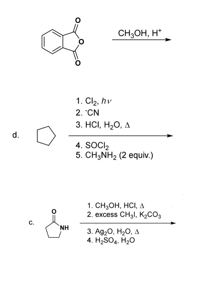 Solved CH3OH, H+ 1. Cl2, hv 2. "CN 3. HCI, H2O, A. d. 4. | Chegg.com
