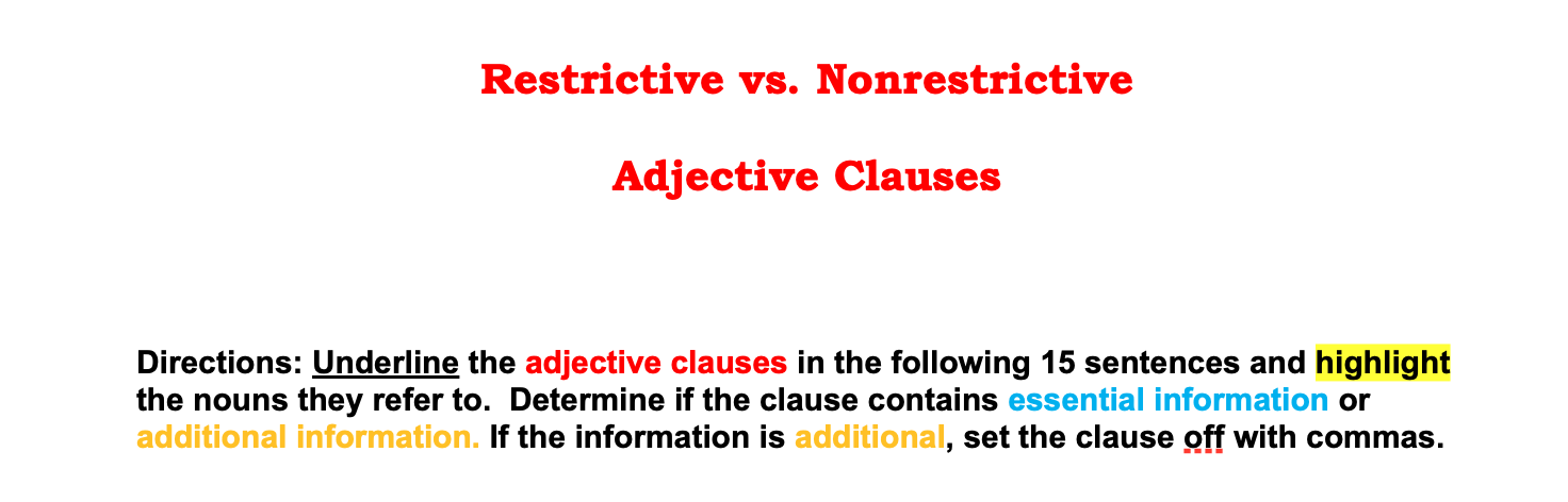 Solved Restrictive vs. Nonrestrictive Adjective Clauses | Chegg.com