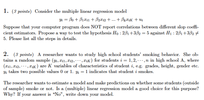 Solved 1. (3 points) Consider the multiple linear regression | Chegg.com