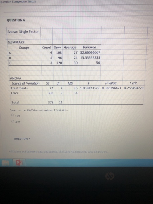 Solved Question Completion Status QUESTION 4 Anova: Single | Chegg.com