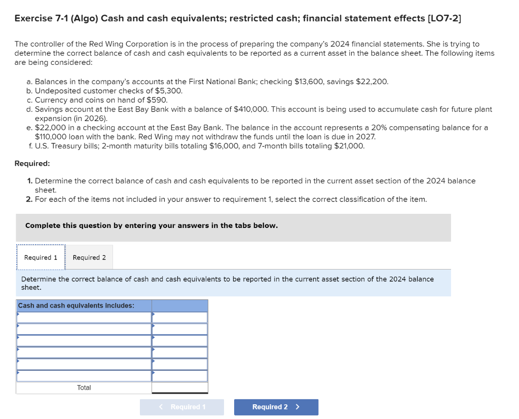 Solved Exercise 7-1 (Algo) Cash and cash equivalents; | Chegg.com