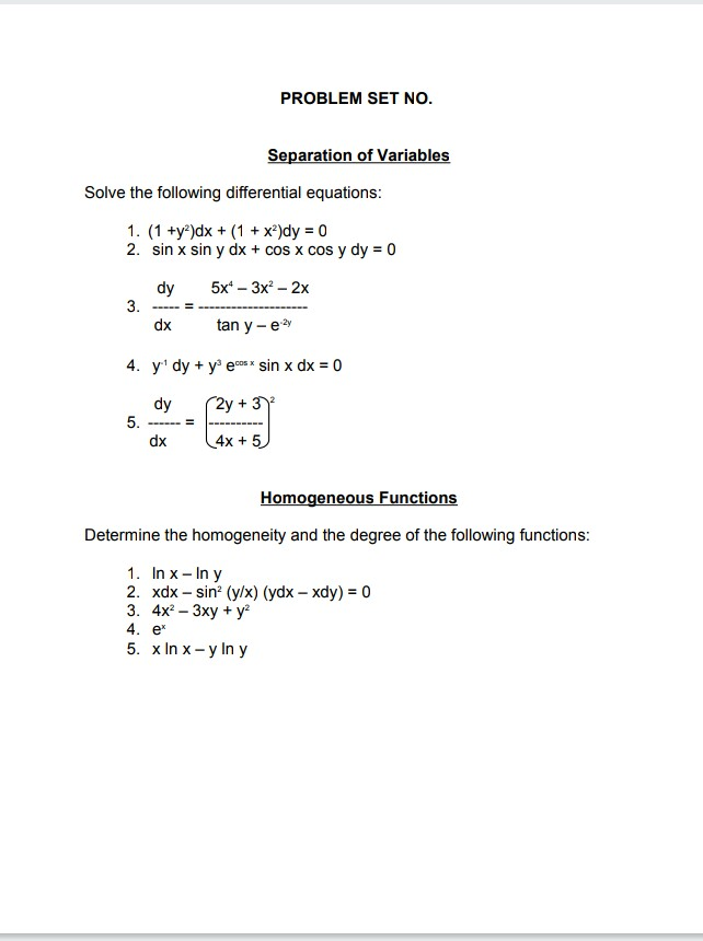 Solved PROBLEM SET NO. Separation of Variables Solve the | Chegg.com