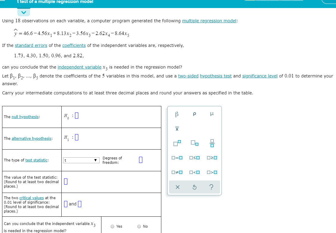 Solved t test of a multiple regression model Using 18 | Chegg.com