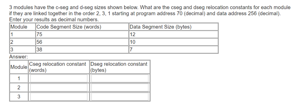 Solved 3 modules have the c-seg and d-seg sizes shown below. | Chegg.com