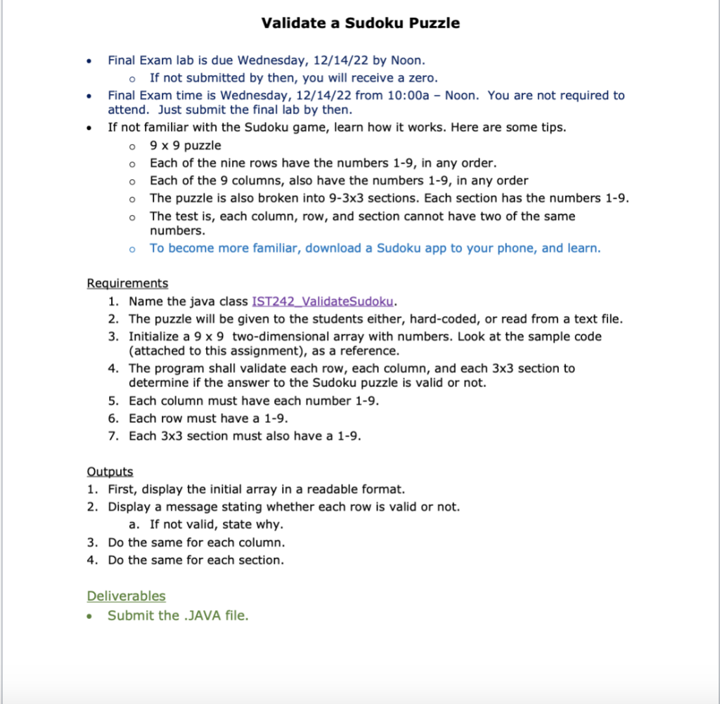 Solved Validate a Sudoku Puzzle - Final Exam lab is due | Chegg.com