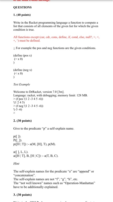 Solved QUESTIONS 1. (40 points) Write in the Racket | Chegg.com