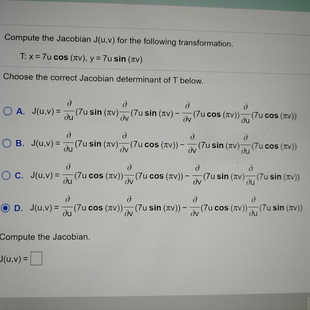 Solved Compute the Jacobian J(u, v) for the following | Chegg.com