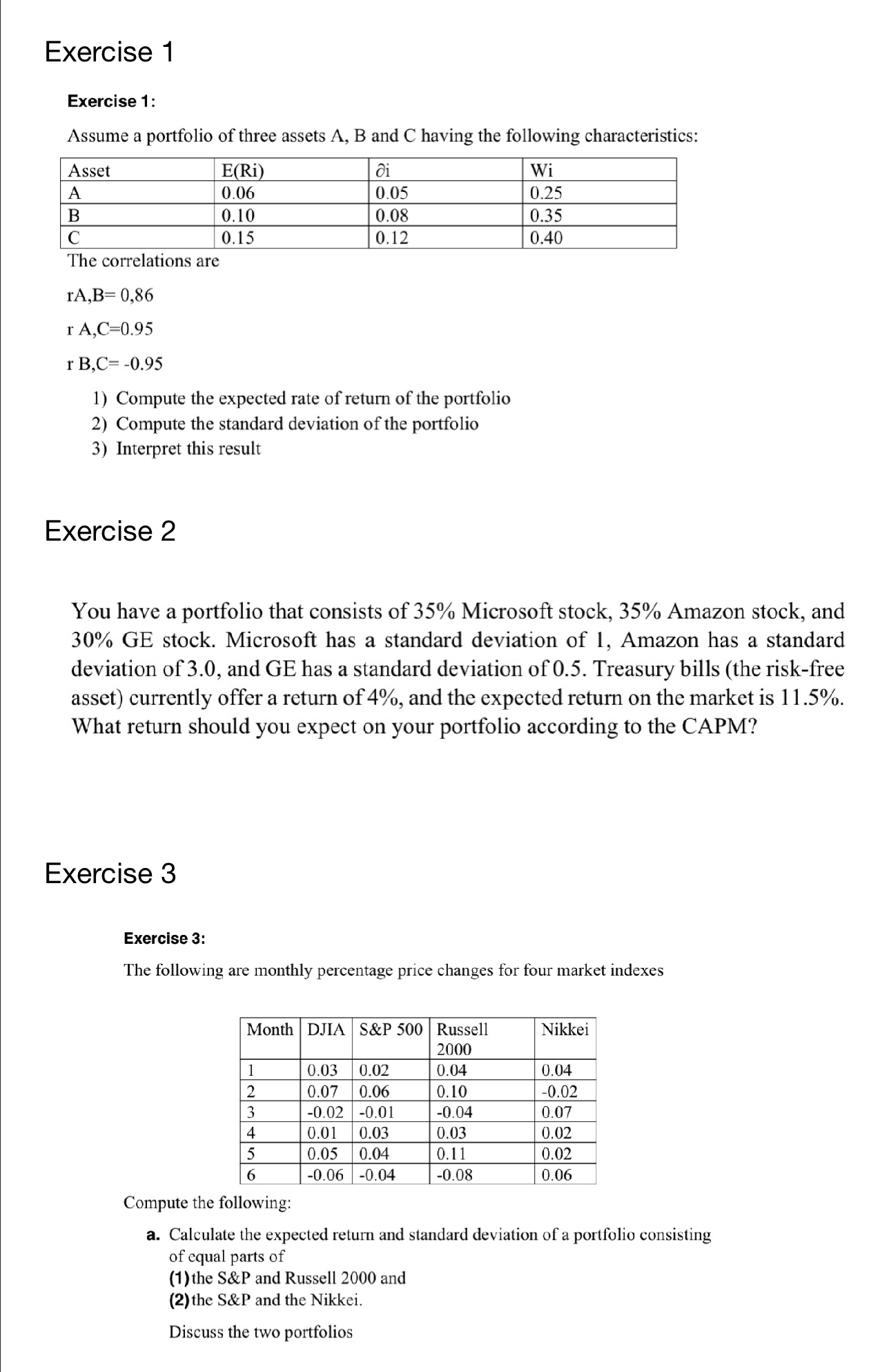 Solved Exercise 1: Assume a portfolio of three assets A, B | Chegg.com