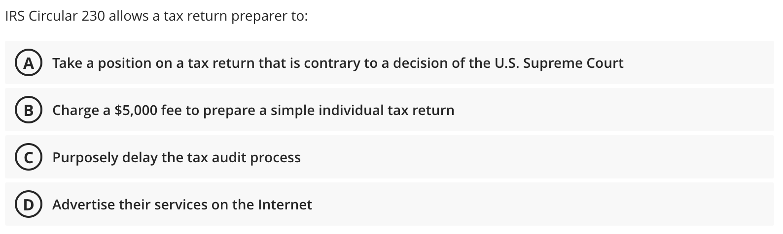 Solved IRS Circular 230 allows a tax return preparer to: | Chegg.com