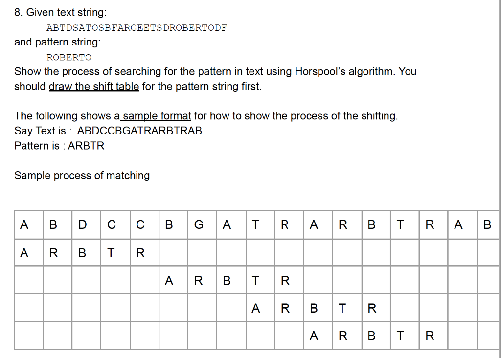 Solved 8. Given text string: ABTDSATOSBFARGEETSDROBERTODF | Chegg.com