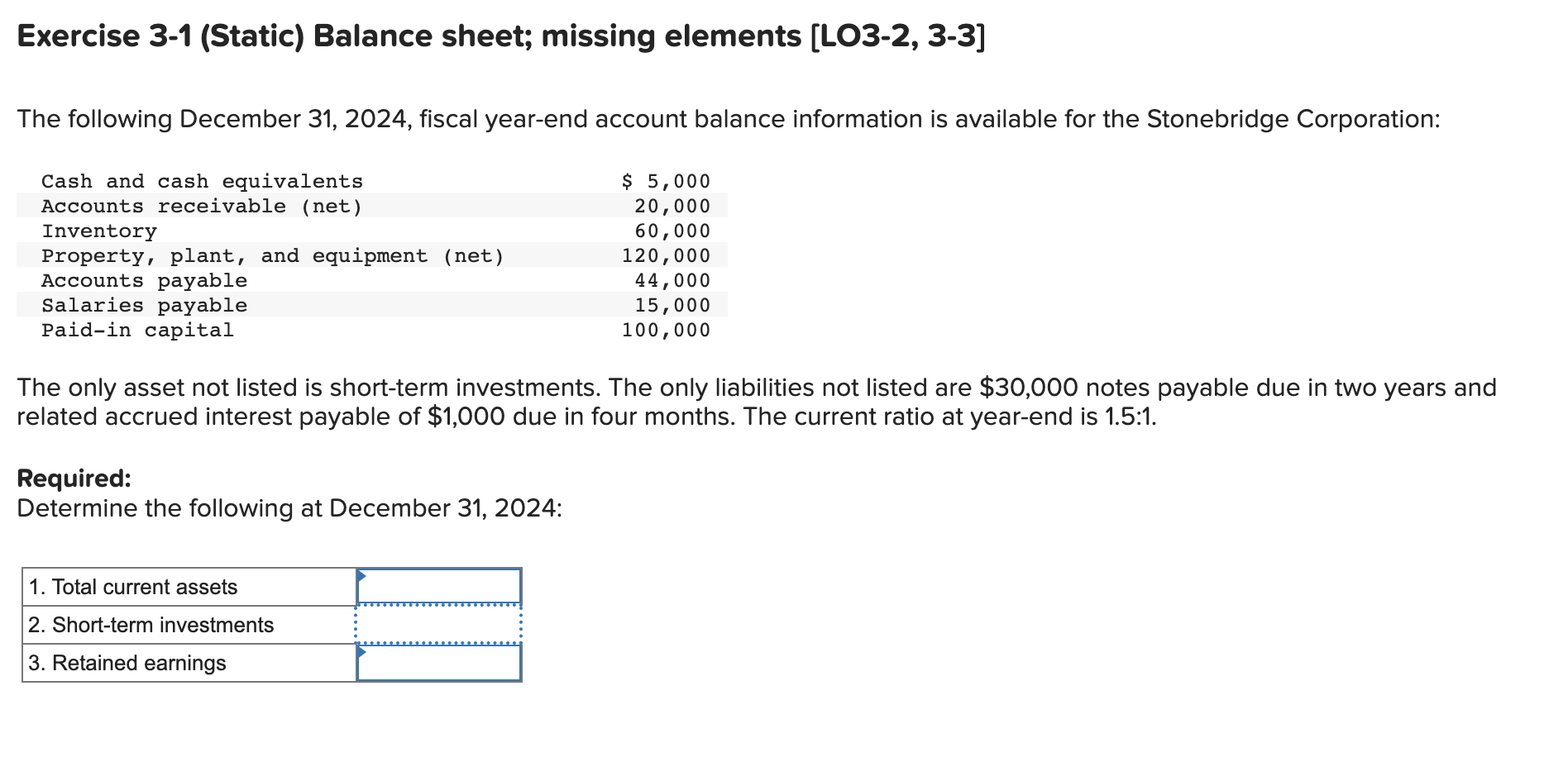 Solved Exercise 3-1 (Static) Balance sheet; missing elements | Chegg.com Solved Exercise 3-1 (Static) Balance sheet; missing elements | Chegg.com