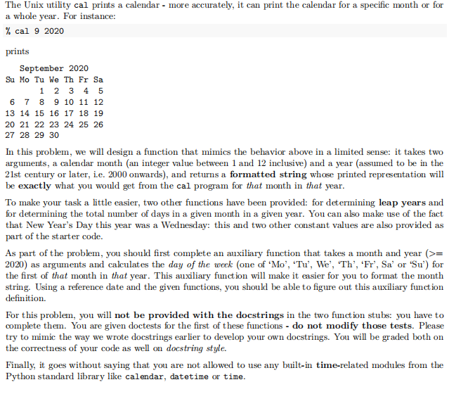 Solved The Unix utility cal prints a calendar - more | Chegg.com