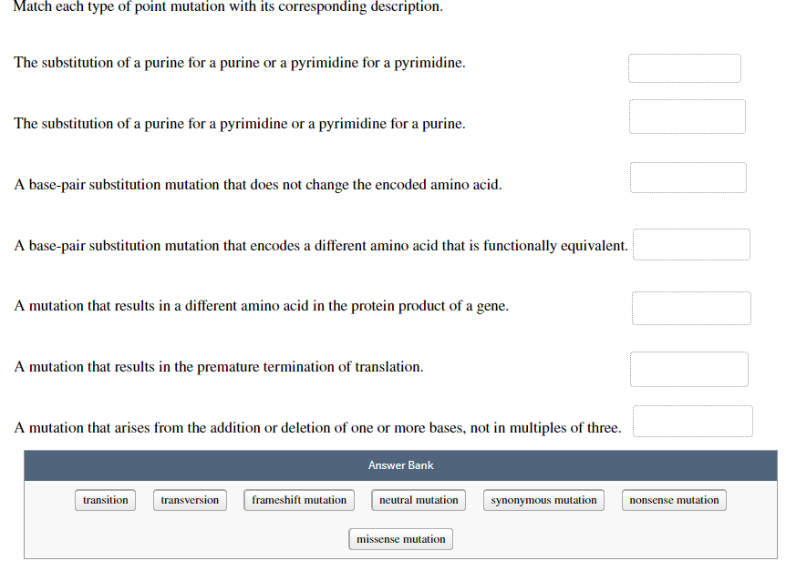 Solved Match each type of point mutation with its | Chegg.com