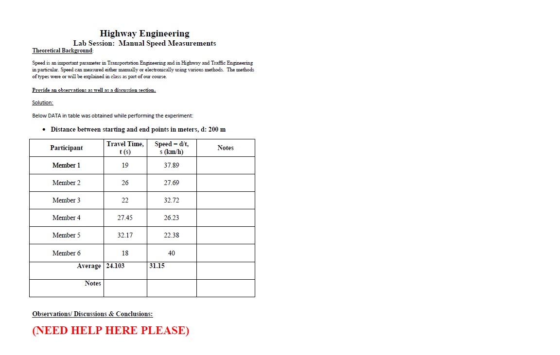 Highway Engineering Lab Session: Manual Speed | Chegg.com