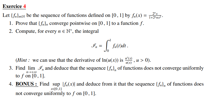 Solved Exercice 4 Let {fn}nen be the sequence of functions | Chegg.com