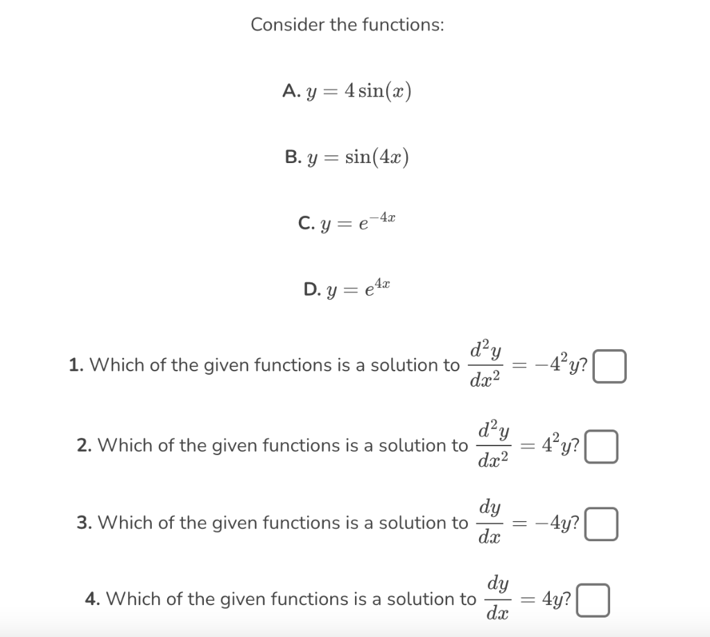 Solved Consider the functions: A. y=4sin(x) B. y=sin(4x) C. | Chegg.com