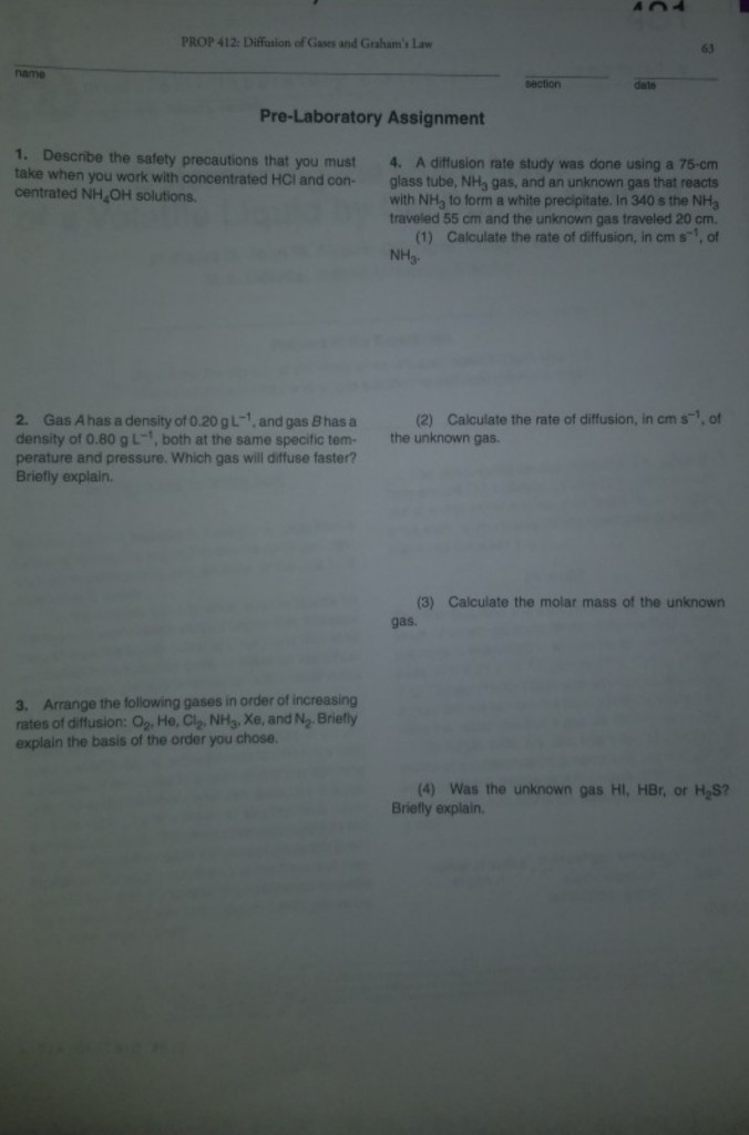 Solved PROP 412: Diffusion of Gases and Graham's Law name | Chegg.com