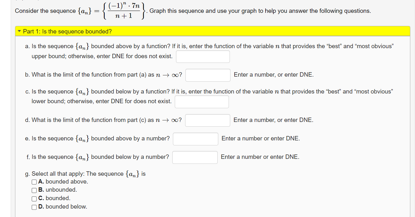 Solved Consider the sequence {an} (-1)" · 7n n+1 > Graph | Chegg.com