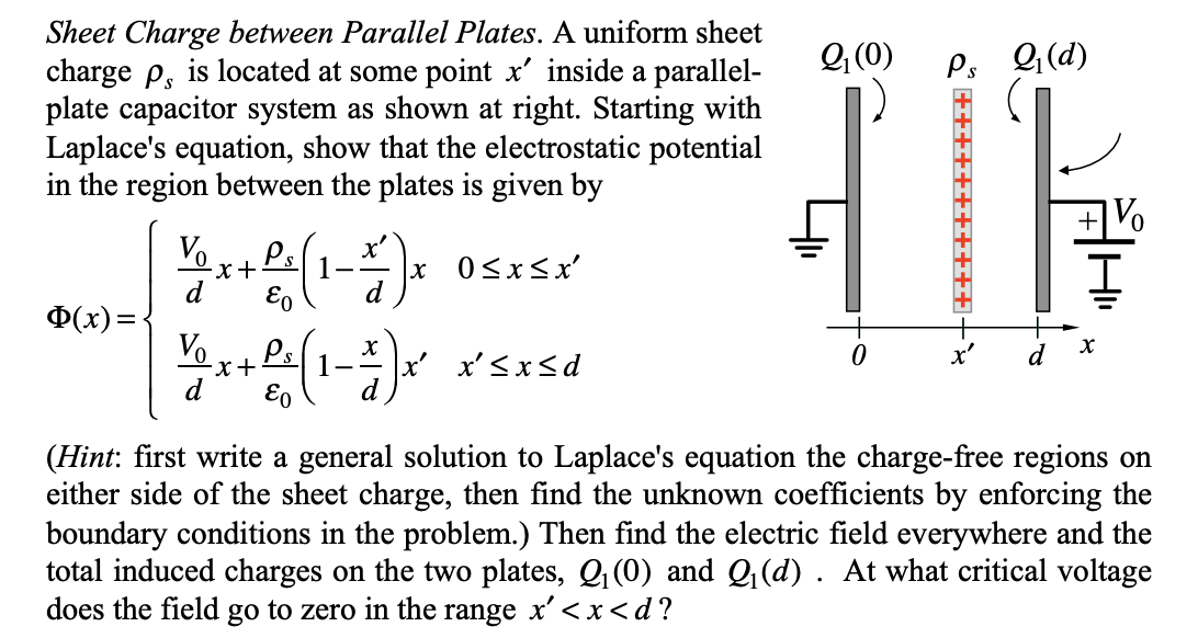 Solved Q (0) P. 9, (d) Sheet Charge between Parallel Plates. | Chegg.com