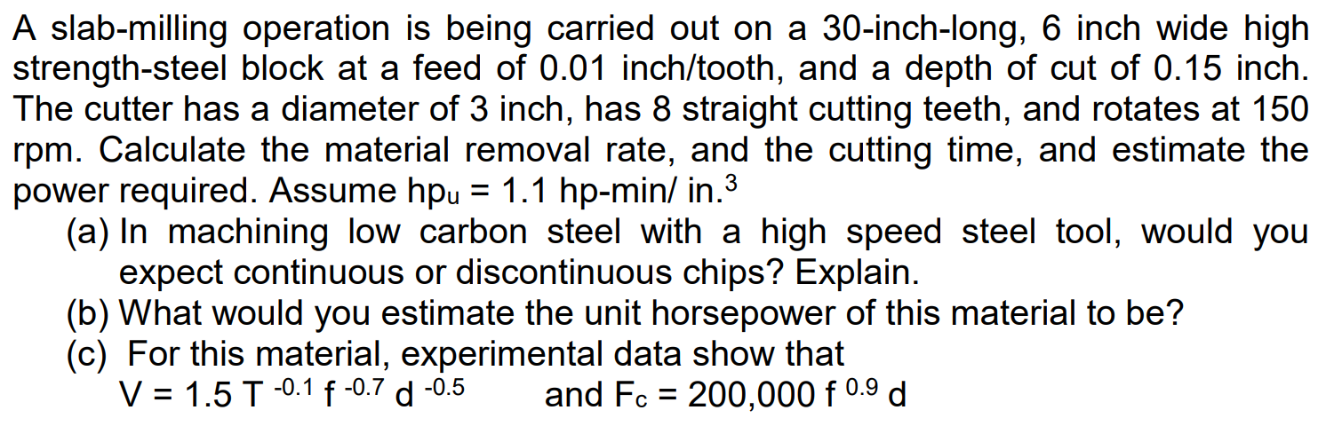 Solved A slab-milling operation is being carried out on a 30 | Chegg.com