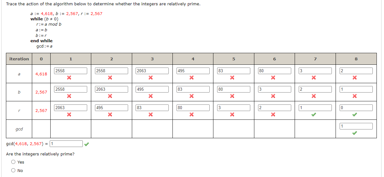 Solved a:=4,618,b:=2,567,r:=2,567 while (b =0) r:=amodb a:=b | Chegg.com