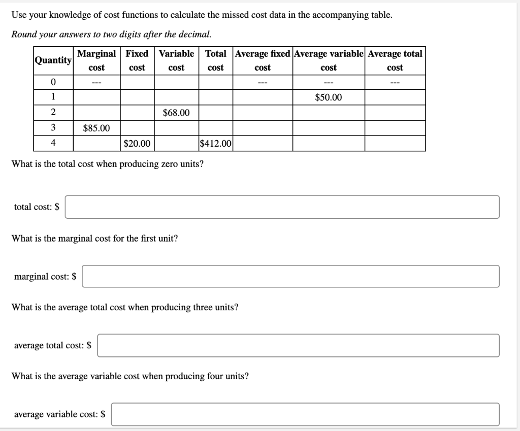 Solved Use your knowledge of cost functions to calculate the | Chegg.com