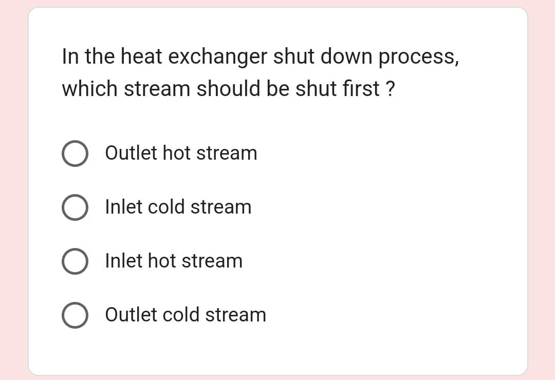 Solved In the heat exchanger shut down process, which stream | Chegg.com