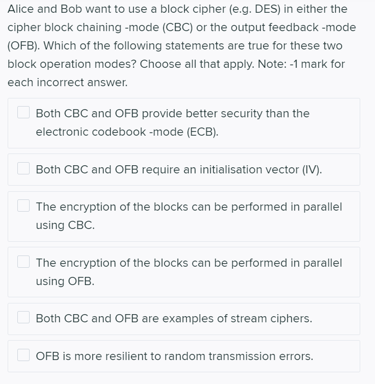 Solved Alice and Bob want to use a block cipher (e.g. DES) | Chegg.com