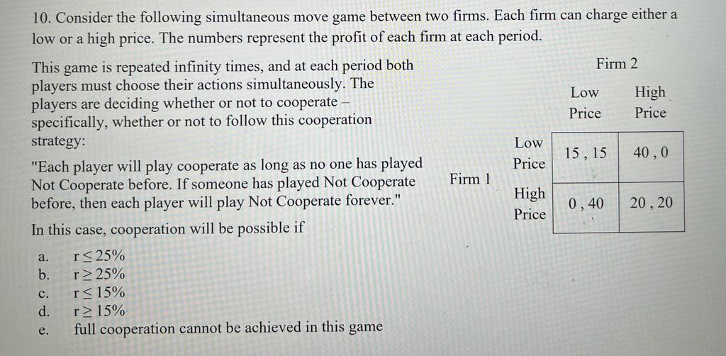 Solved 10. Consider the following simultaneous move game | Chegg.com
