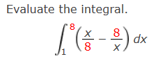 Solved Evaluate the integral.∫18(x8-8x)dx | Chegg.com