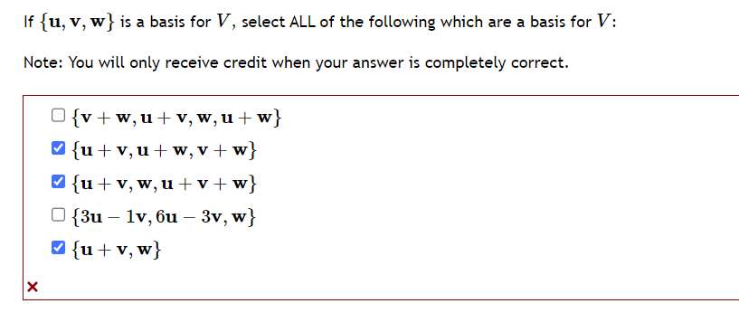 Solved If {u,v,w} is a basis for V, select ALL of the | Chegg.com