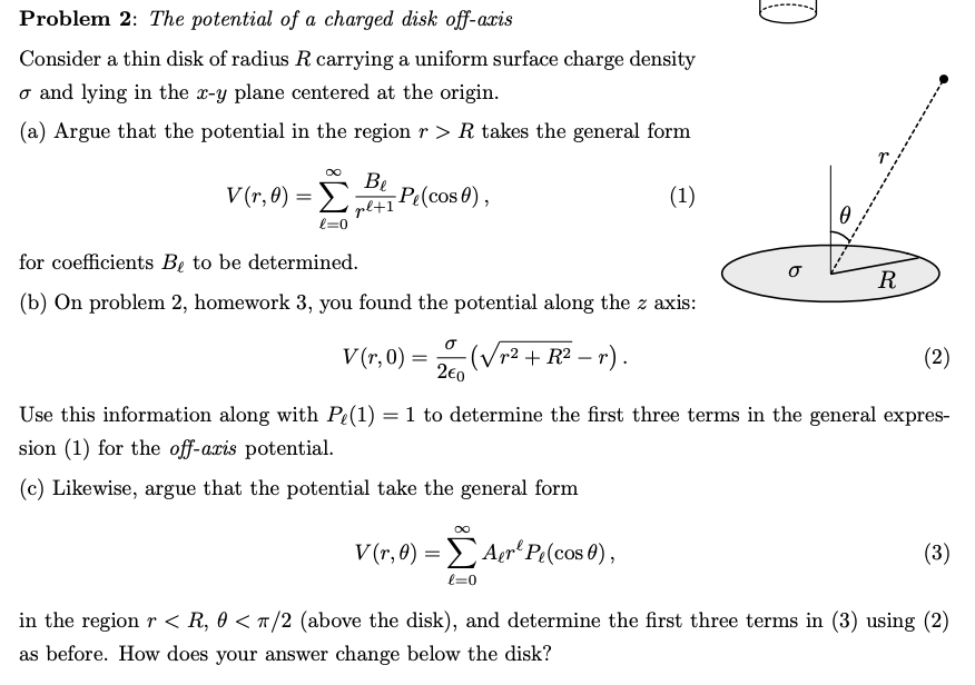 Solved Problem 2: The potential of a charged disk off-axis | Chegg.com