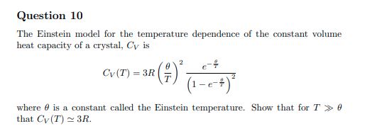 Solved The Einstein model for the temperature dependence of | Chegg.com