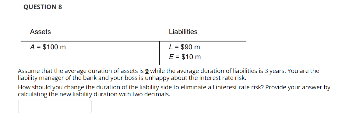 Solved QUESTION 8 Assets Liabilities A = $100 m L = $90 m E | Chegg.com
