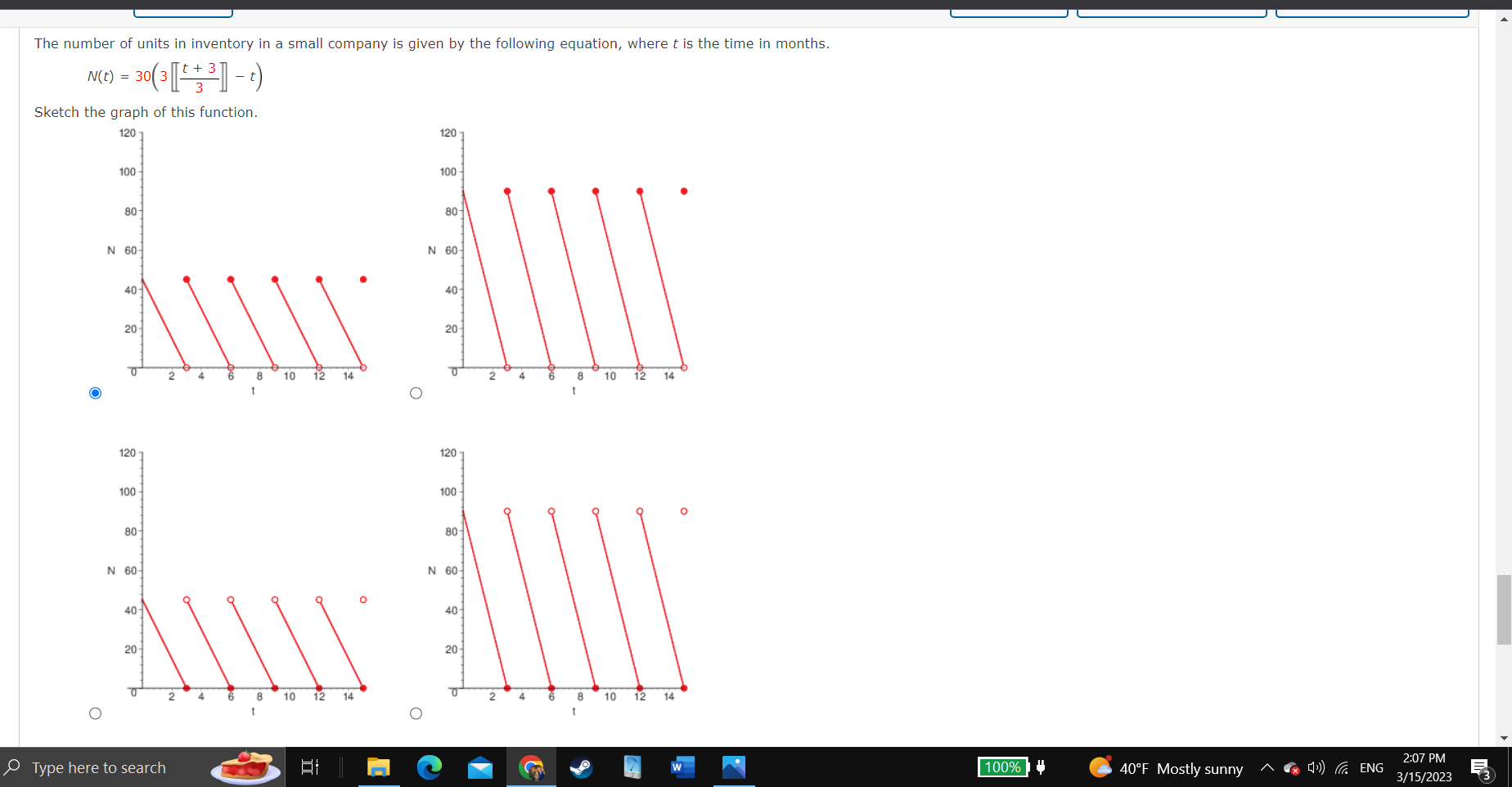 Solved N(t)=30(3[[3t+3]]−t) Sketch the graph of this | Chegg.com