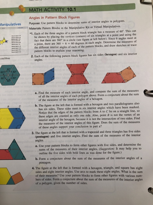 MATH ACTIVITY 10.1 Angles in Pattern Block Figures | Chegg.com