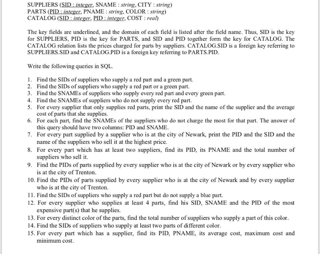 Solved SUPPLIERS (SID : integer, SNAME: string, CITY: | Chegg.com