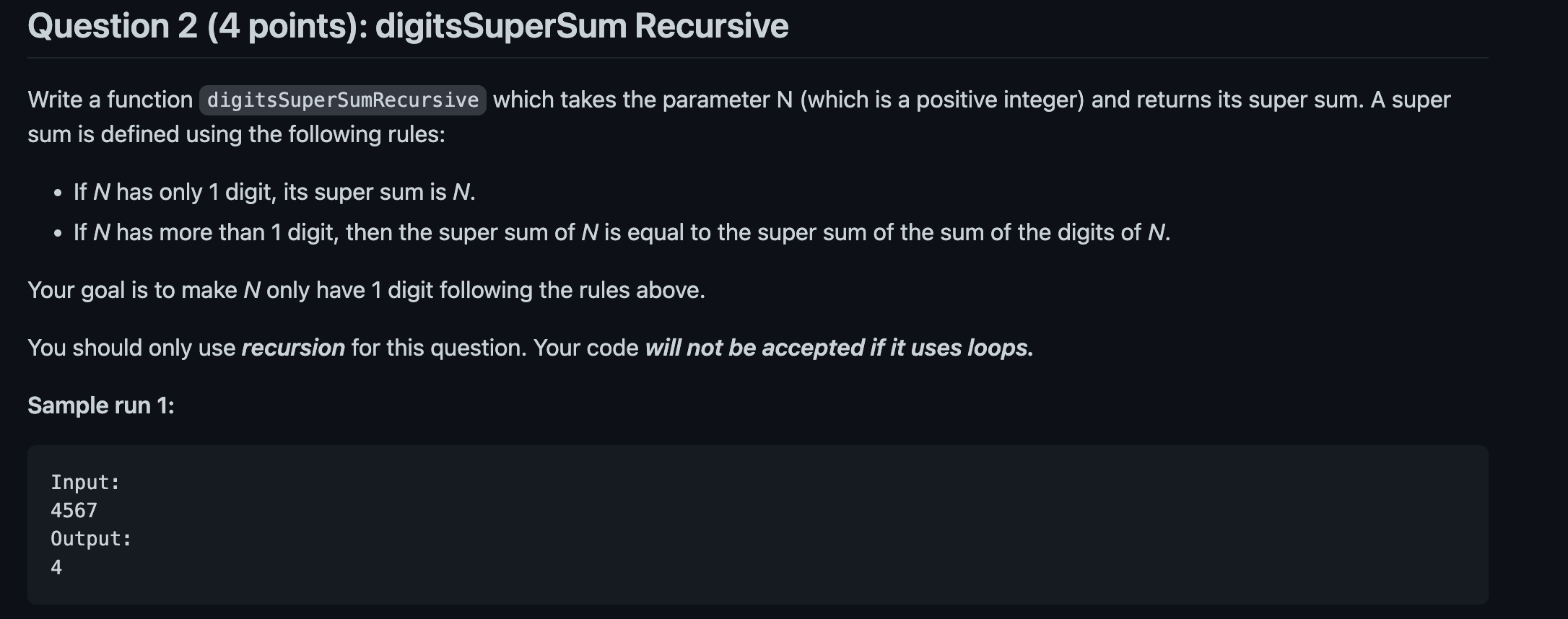 Solved Question 2 (4 points): digits SuperSum Recursive | Chegg.com