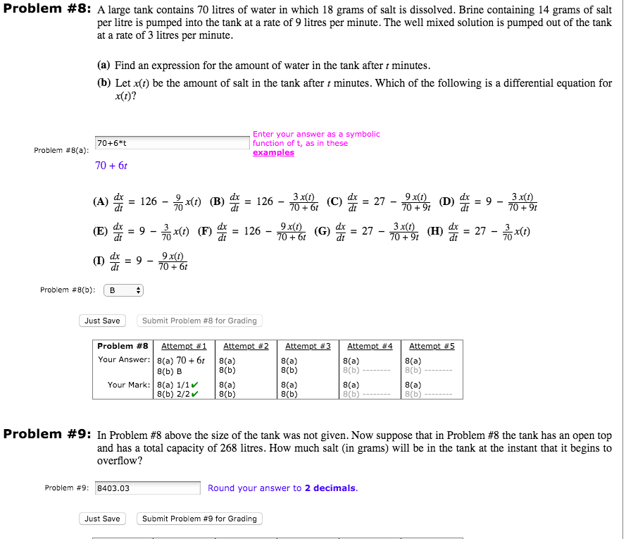 Solved Problem #8: A large tank contains 70 litres of water | Chegg.com