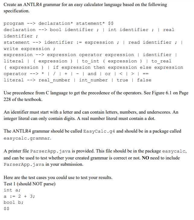 Create an ANTLR4 grammar for an easy calculator | Chegg.com