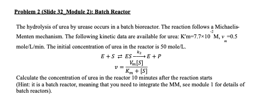 Solved The hydrolysis of urea by urease occurs in a batch | Chegg.com