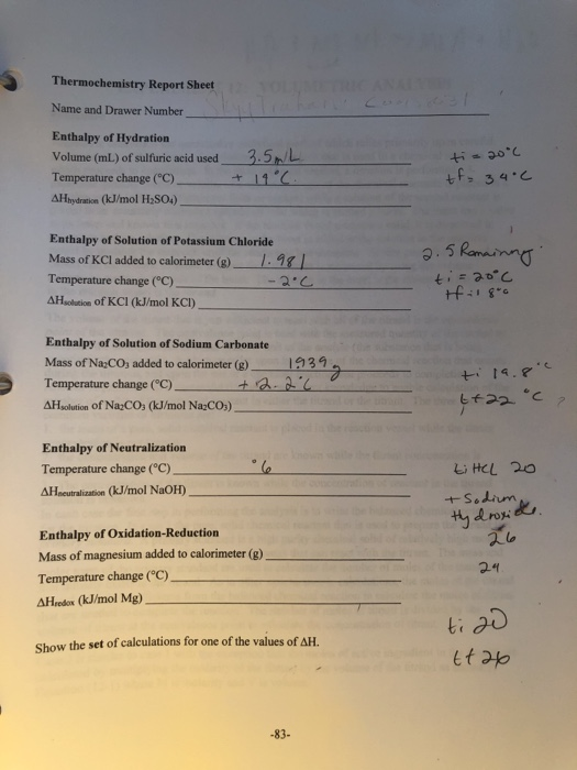 Thermochemistry Report Sheet Name and Drawer Number | Chegg.com