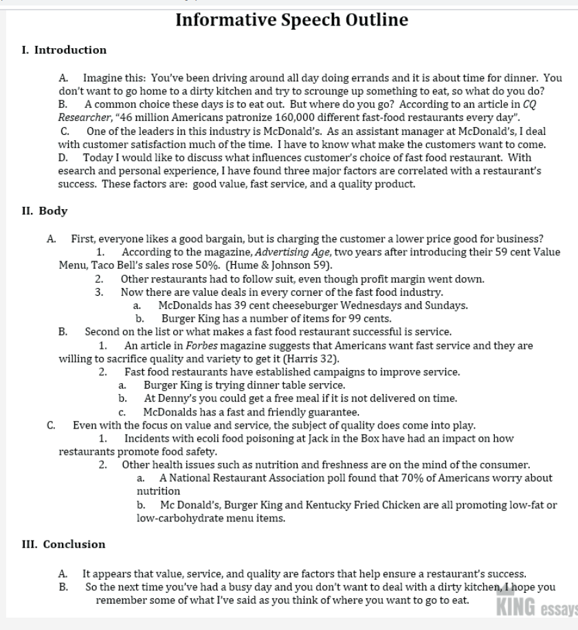 Solved Hey Can You Make Me An Informative Speech Outline Chegg