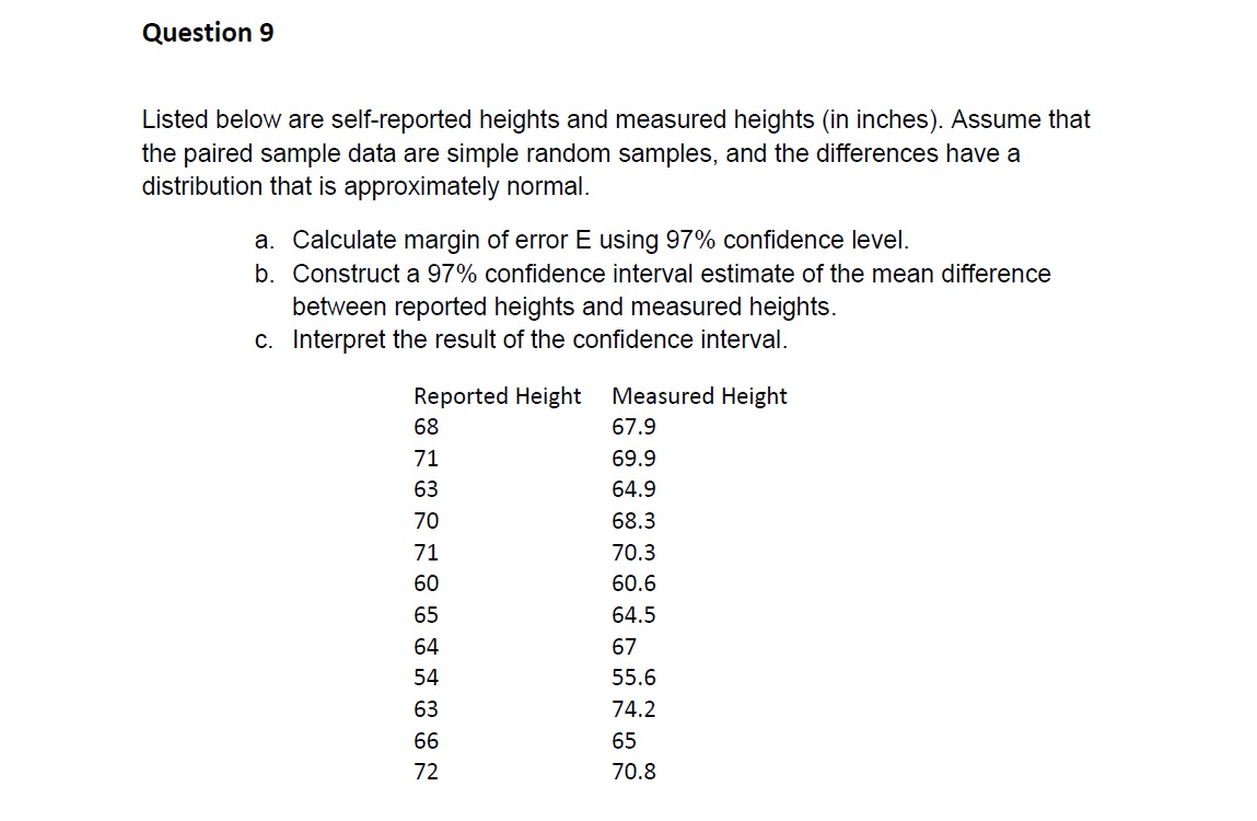 Solved Question 9 Listed below are self-reported heights and | Chegg.com