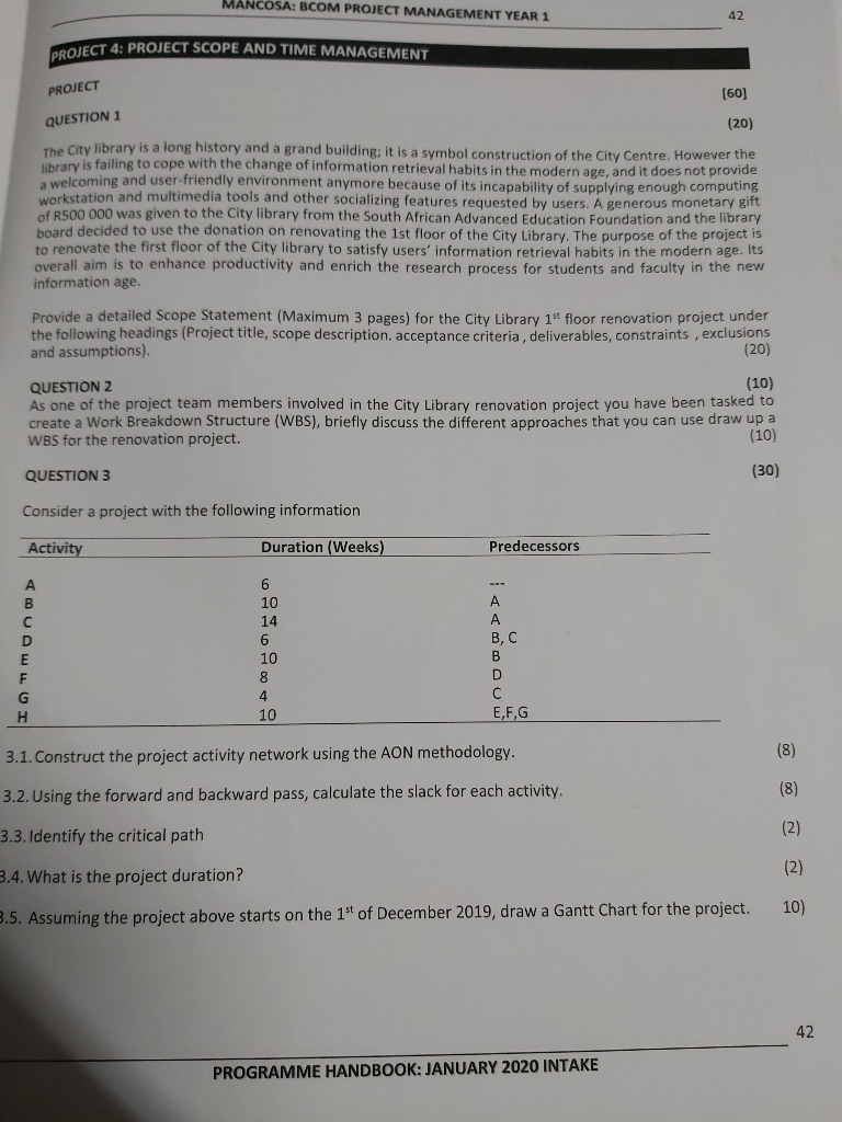 Solved PROJECT 4: PROJECT SCOPE AND TIME MANAGEMENT MANCOSA: | Chegg.com