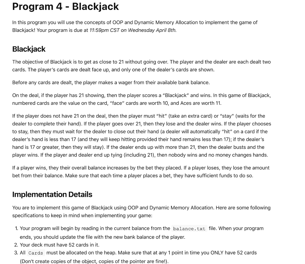 Program 4 - Blackjack In this program you will use | Chegg.com