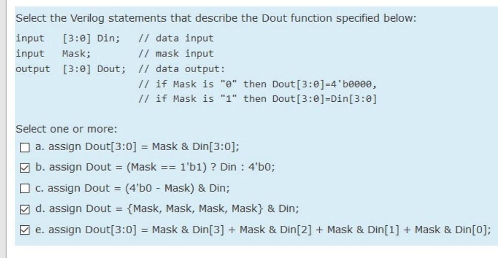 Solved Select the Verilog statements that describe the Dout | Chegg.com