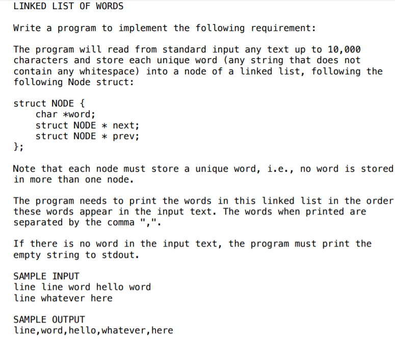 LINKED LIST OF WORDS Write a program to implement the | Chegg.com