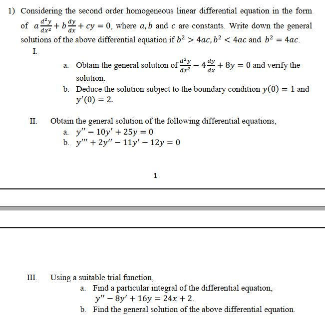Solved 1) Considering the second order homogeneous linear | Chegg.com