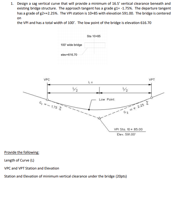 Solved 1. Design a sag vertical curve that will provide a | Chegg.com